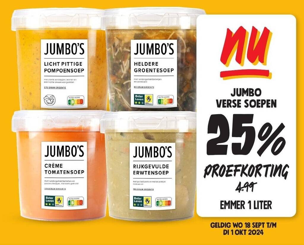 Jumbo verse soepen 1 liter aanbieding bij Jumbo € 5,00