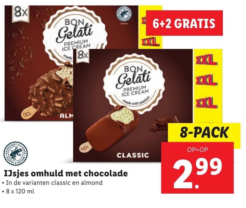 IJsjes omhuld met chocolade 8 x 120 ml 6+2 GRATIS aanbieding bij Lidl