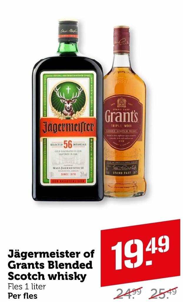 Jägermeister of Grants Blended Scotch whisky 1 liter aanbieding bij Coop