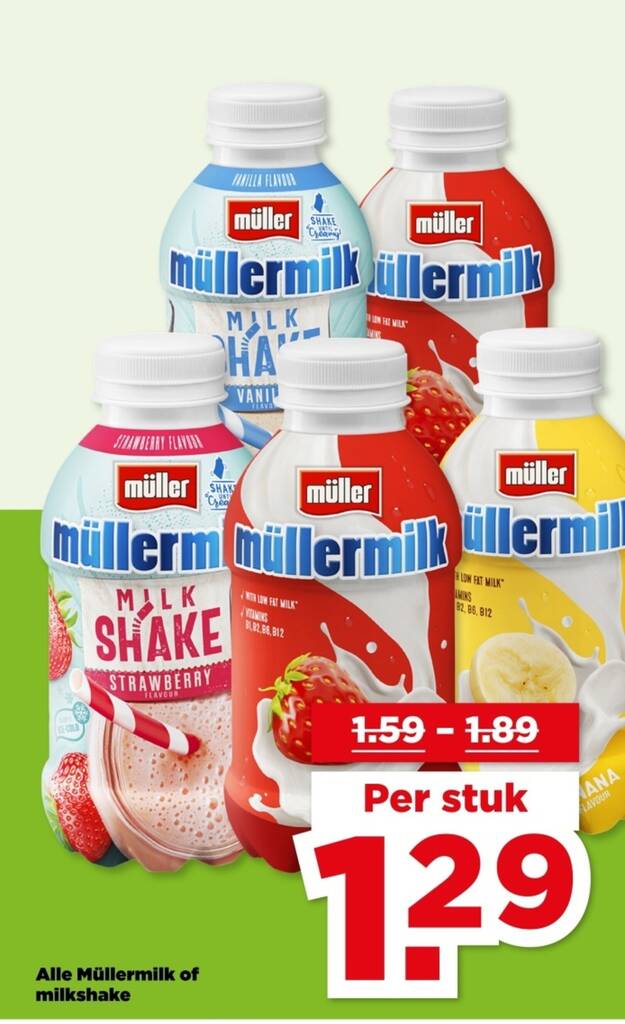 Alle mullermilk of milkshake 1 stuk aanbieding bij PLUS