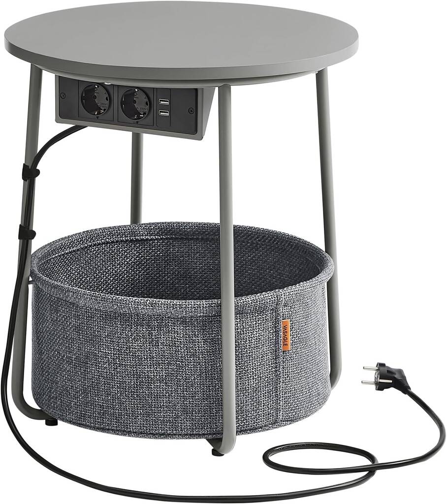 VASAGLE Bijzettafel rond met laadstation, kleine tafel met stopcontact ...