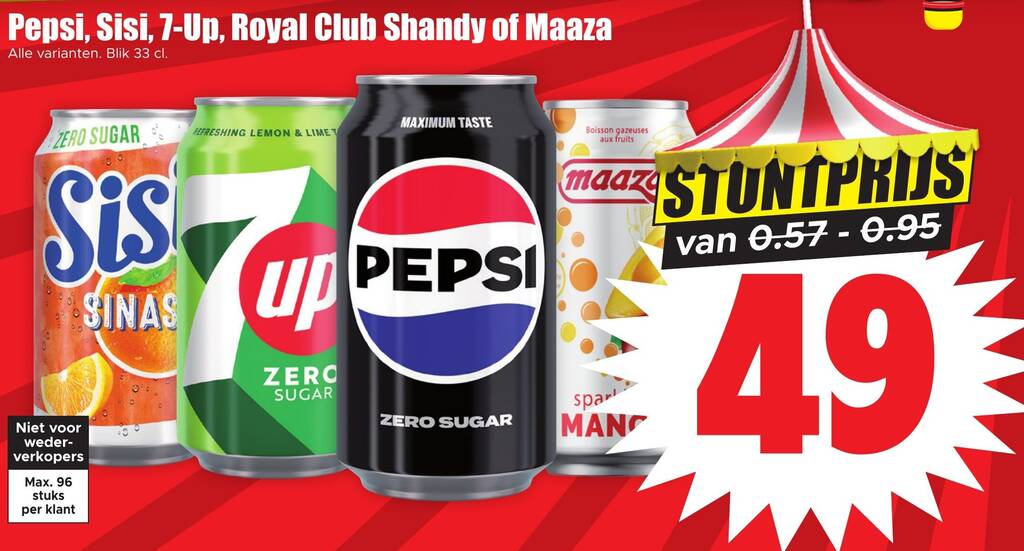 Pepsi, Sisi, 7-Up, Royal Club Shandy of Maaza 33 cl aanbieding bij Dirk
