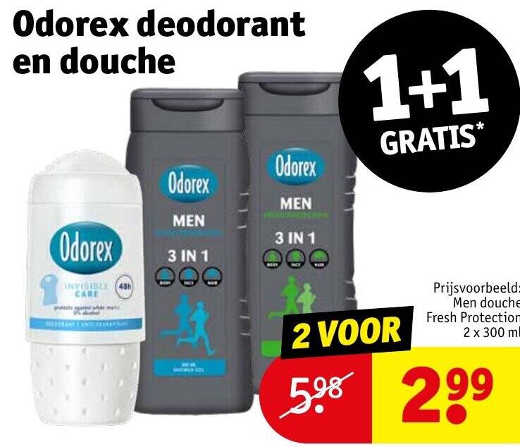 Odorex deodorant en douche 300 ml 1+1 gratis aanbieding bij Kruidvat