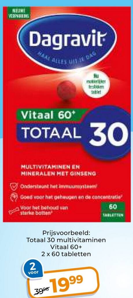 Dagravit Totaal 30 multivitaminen Vitaal 60+ 60 tabletten 1+1 gratis ...