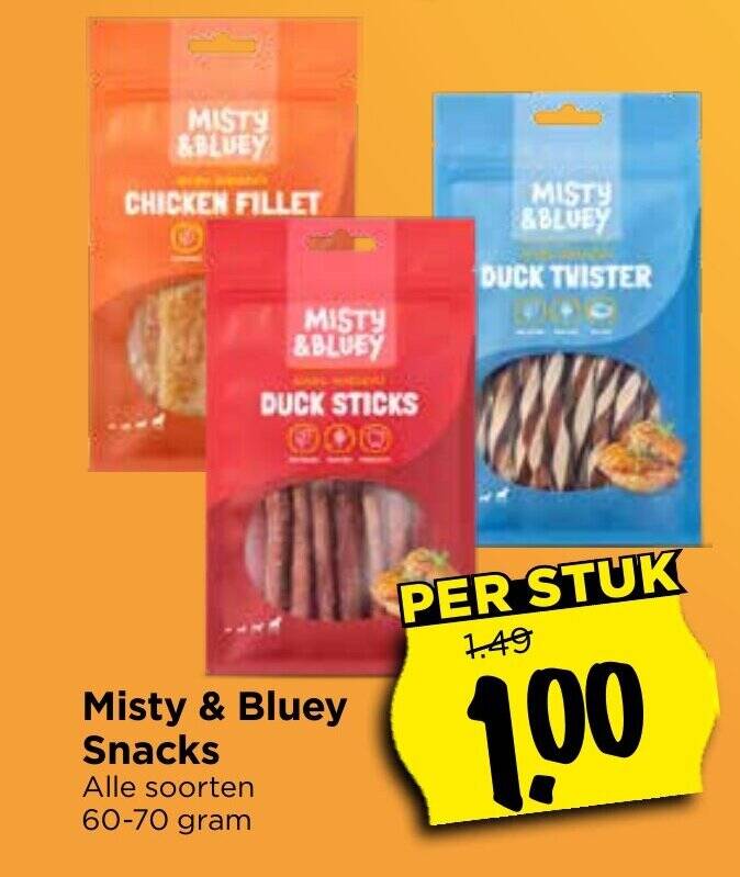 Misty & Bluey Snacks 60-70 g aanbieding bij Vomar Voordeelmarkt