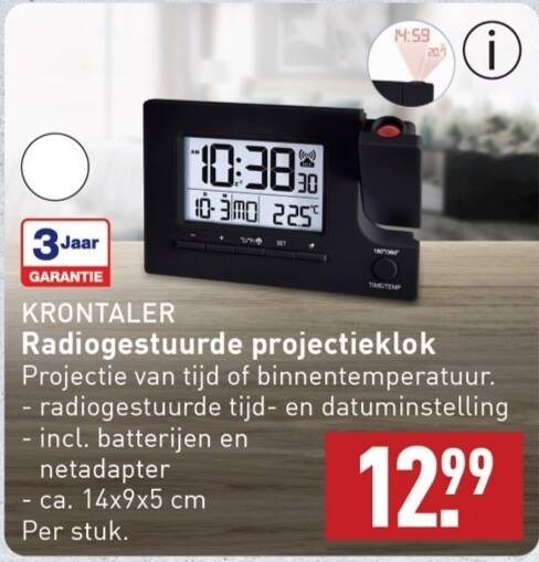 Radiogestuurde projectieklok 14x9x5 cm aanbieding bij ALDI