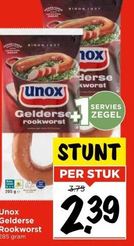 Unox Gelderse Rookworst 285 gram aanbieding bij Vomar Voordeelmarkt ...