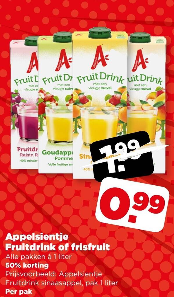 Appelsientje Fruitdrink of frisfruit 1 liter aanbieding bij PLUS