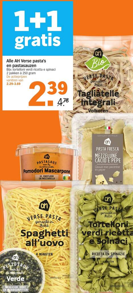 Alle Verse pasta's en pastasauzen 250 gram 1+1 gratis aanbieding bij ...