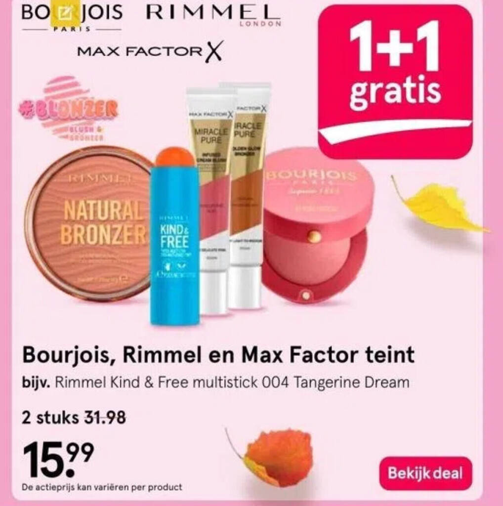 Bourjois, Rimmel en Max Factor teint 2 stuks 1+1 gratis aanbieding bij Etos