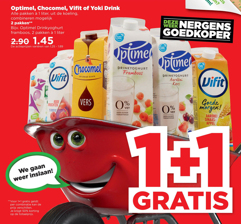Optimel, Chocomel, Vifit of Yoki Drink 1+1 gratis aanbieding bij PLUS