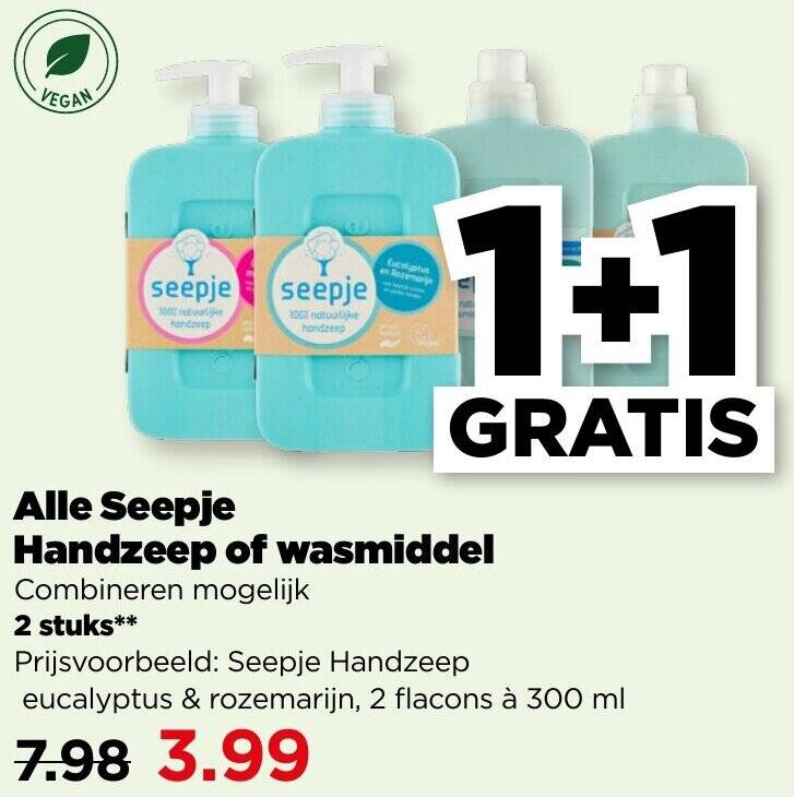 Alle Seepje Handzeep of wasmiddel 1+1 gratis aanbieding bij PLUS
