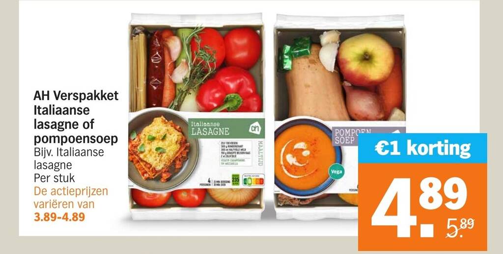 AH Verspakket Italiaanse lasagne of pompoensoep aanbieding bij Albert Heijn