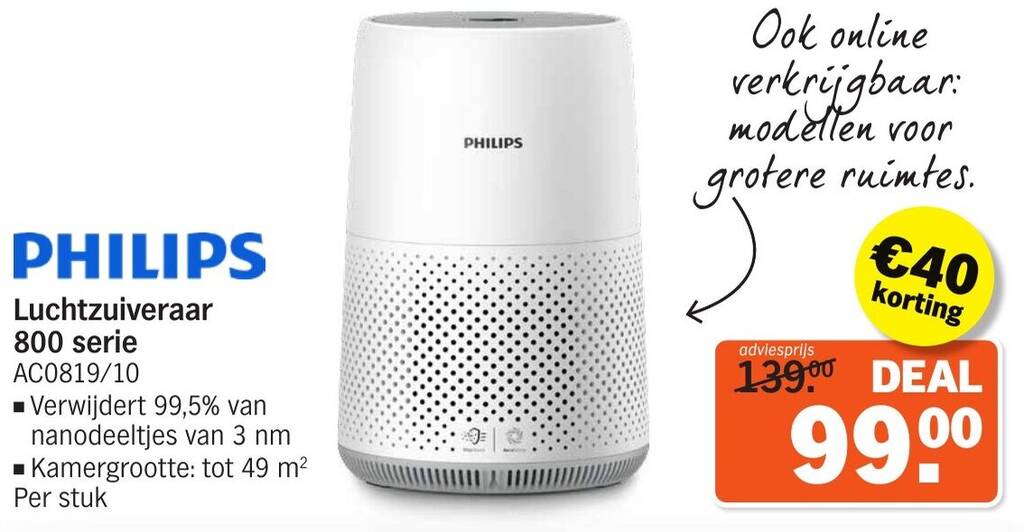 PHILIPS Luchtzuiveraar 800 serie AC0819/10 aanbieding bij Albert Heijn