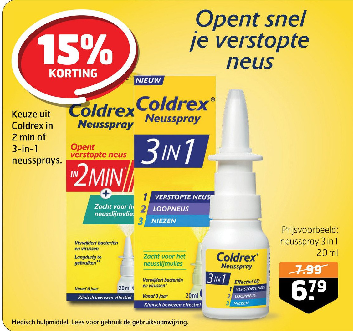 Coldrex in 2 min of 3-in-1 neussprays. aanbieding bij Trekpleister