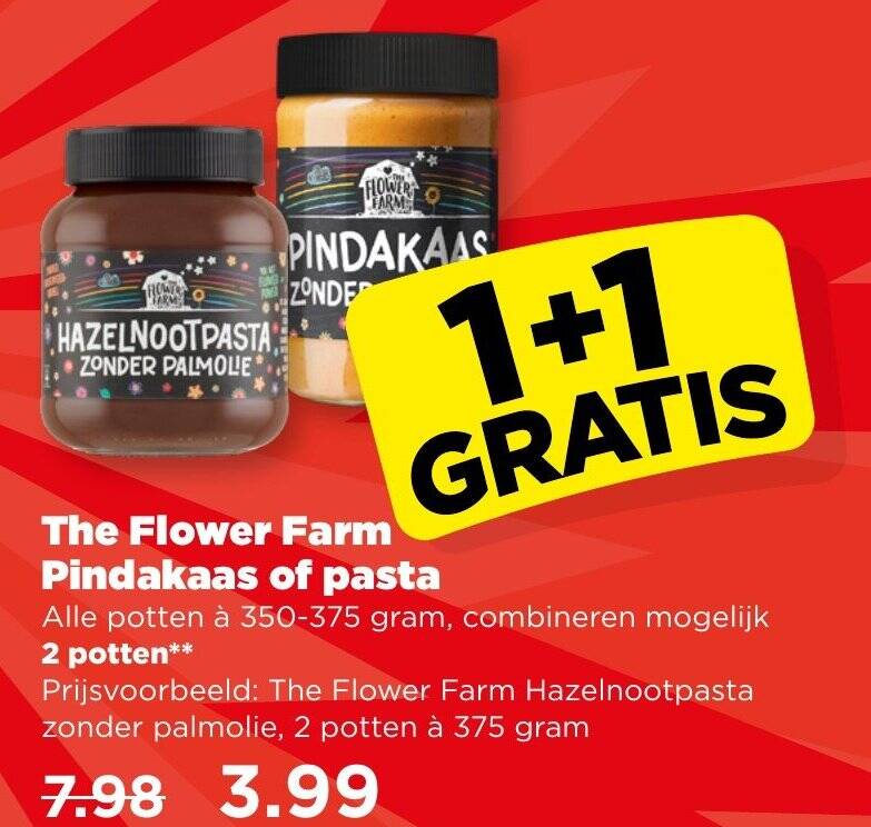 The Flower Farm Pindakaas of pasta 350-375 gram 1+1 GRATIS aanbieding ...