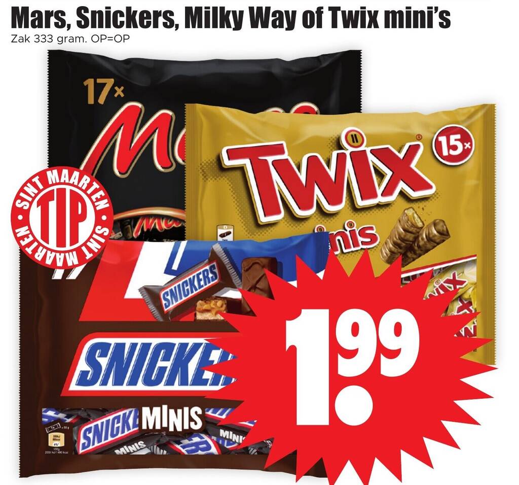 Mars, Snickers, Milky Way of Twix mini's 333 g aanbieding bij Dirk