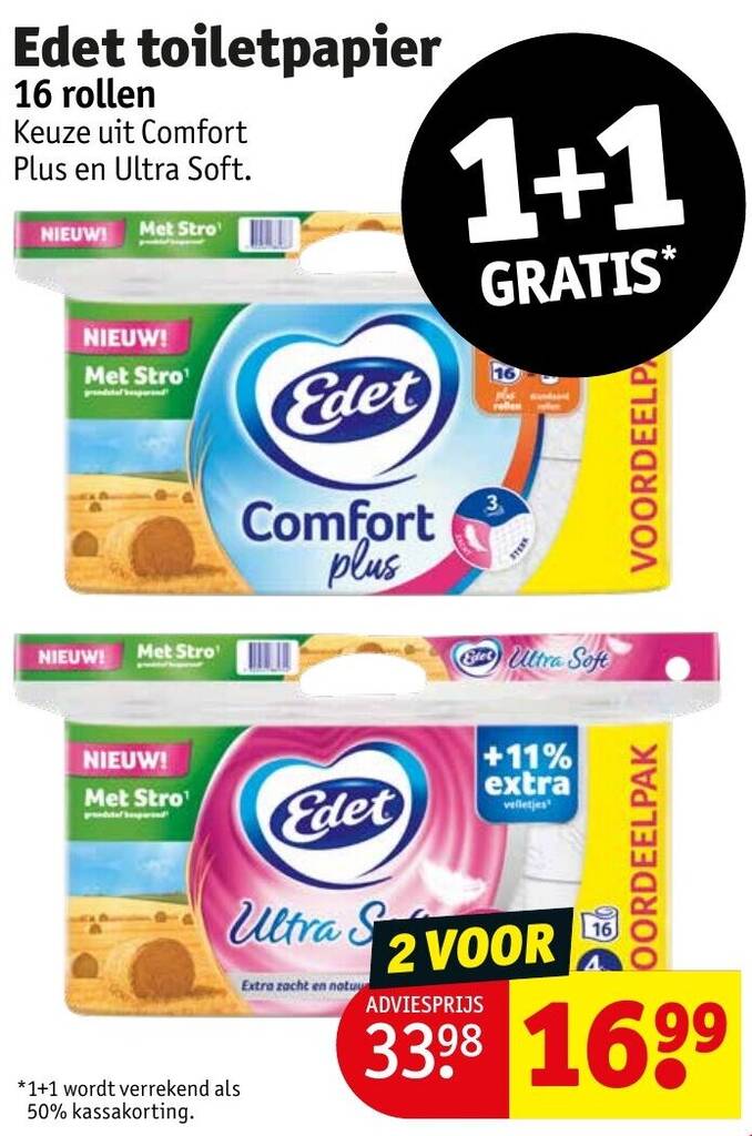 Edet toiletpapier 16 rollen 1+1 gratis aanbieding bij Kruidvat