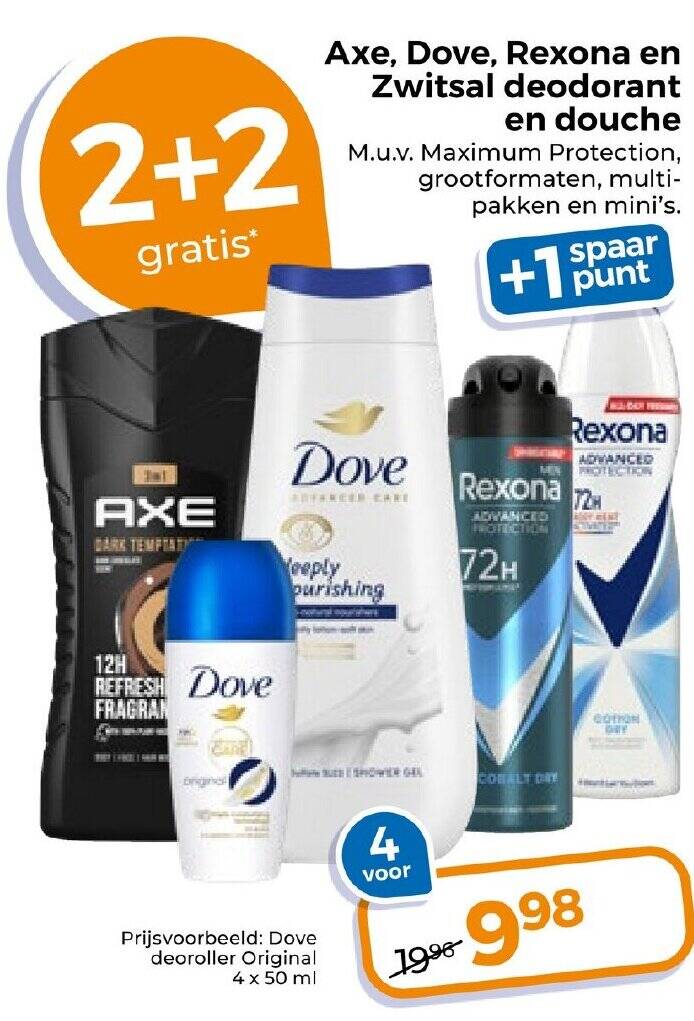 Axe, Dove, Rexona en Zwitsal deodorant en douche 2+2 gratis aanbieding ...
