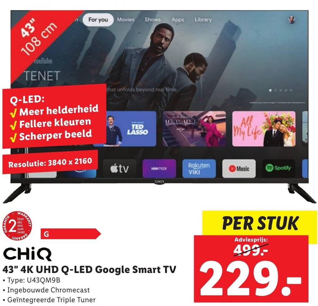 CHIQ 43" 4K UHD Q-LED Google Smart TV 108 cm aanbieding bij Lidl