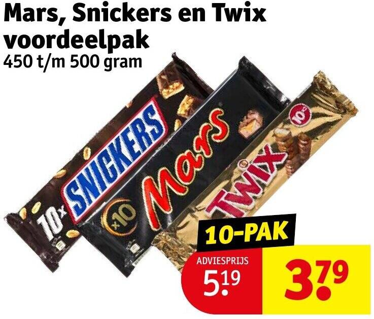 Mars, Snickers en Twix voordeelpak 10-pak aanbieding bij Kruidvat
