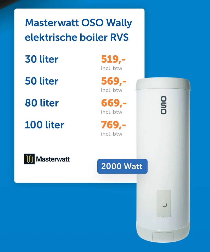 Masterwatt OSO Wally elektrische boiler RVS aanbieding bij Warmteservice