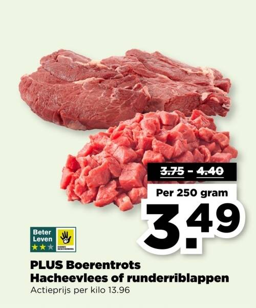Boerentrots Hacheevlees of runderriblappen 250 g aanbieding bij PLUS