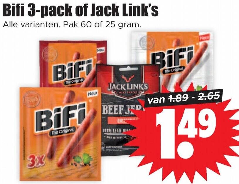 Bifi 3-pack of Jack Link's 60 of 25 gram aanbieding bij Dirk