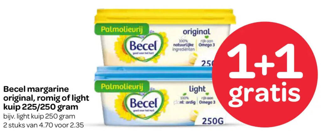 Becel margarine original, romig of light kuip 225 - 250 g 1+1 gratis ...