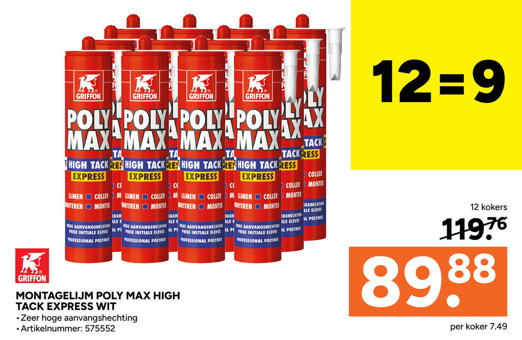 Montagelijm poly max high tack express wit 12 kokers aanbieding bij ...