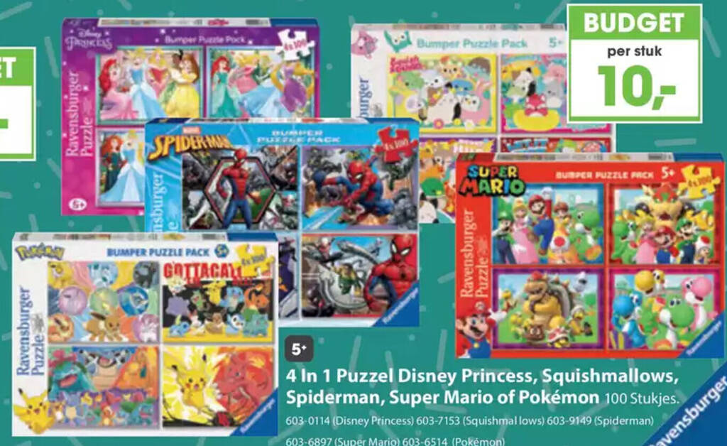 4 In 1 Puzzel Disney Princess, Squishmallows, Spiderman, Super Mario of Pokémon aanbieding bij ...