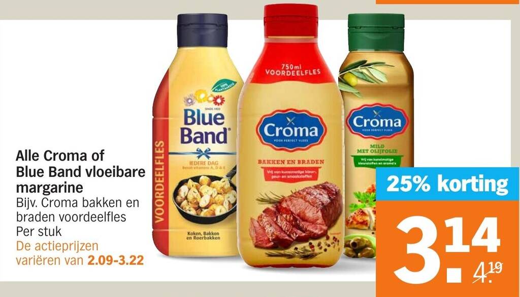Alle Croma of Blue Band vloeibare Margarine aanbieding bij Albert Heijn