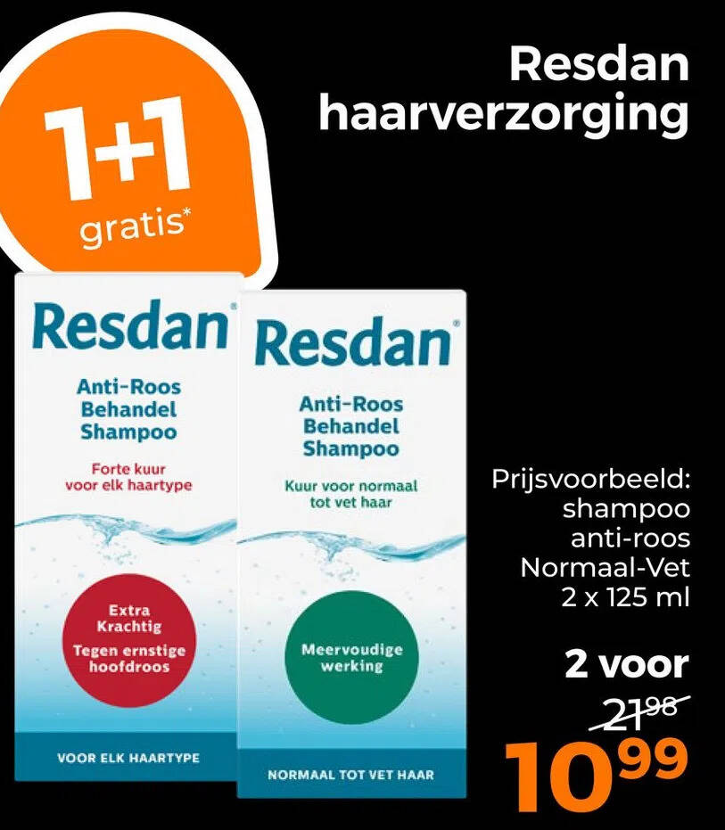 Resdan haarverzorging 1+1 gratis aanbieding bij Trekpleister