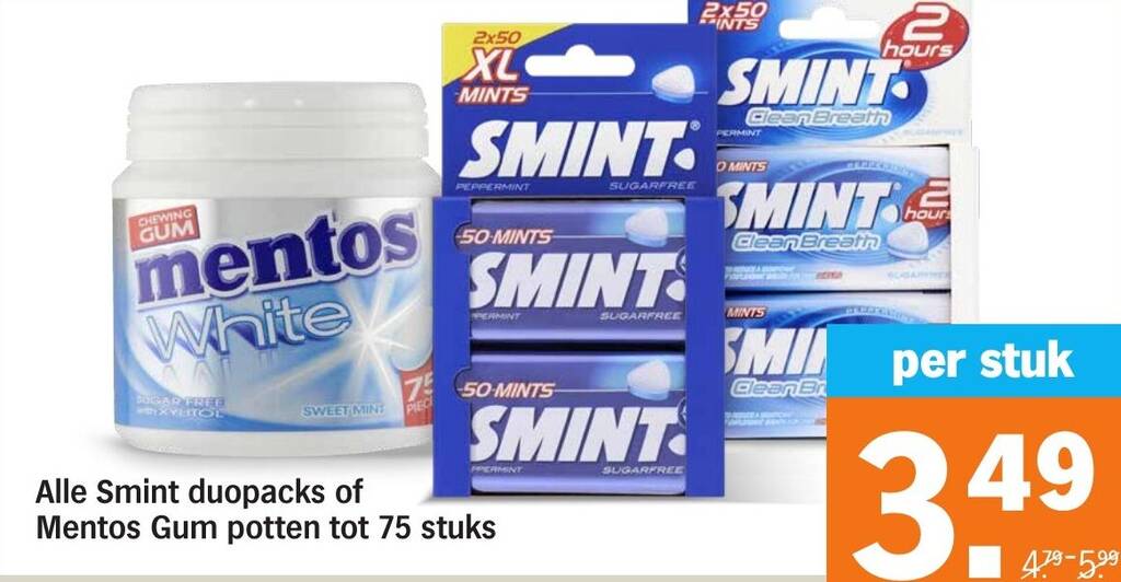 Alle Smint duopacks of Mentos Gum 75 stuks aanbieding bij Albert Heijn