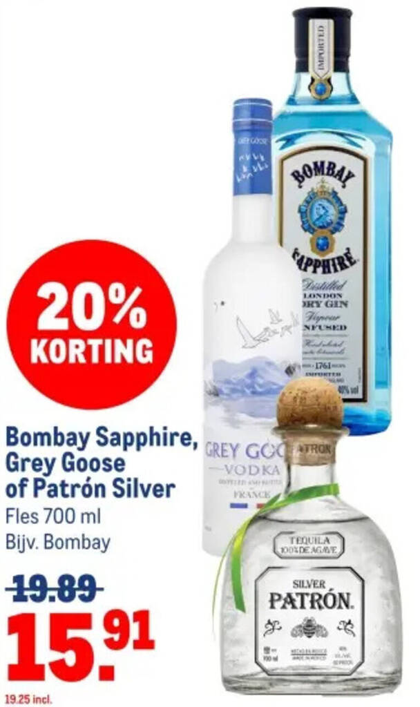 Bombay Sapphire, Grey Goose of Patrón Silver 700 ml aanbieding bij Makro