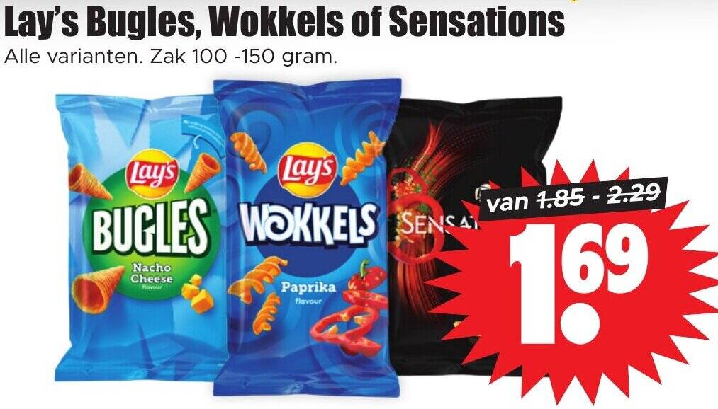 Lay's Bugles, Wokkels of Sensations 100-150 gram aanbieding bij Dirk