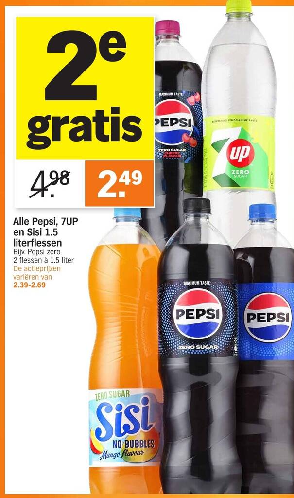 Alle Pepsi, 7UP en Sisi 1.5 liter 2e gratis aanbieding bij Albert Heijn