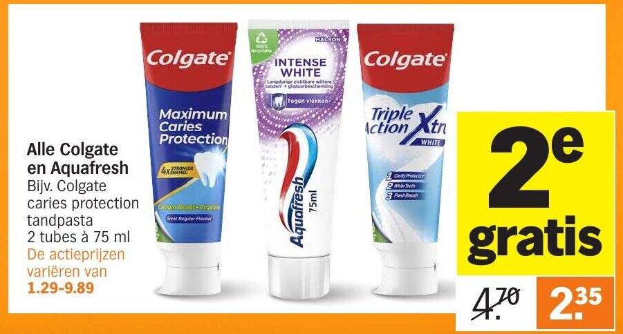 Alle Colgate en Aquafresh 75 ml 2e gratis aanbieding bij Albert Heijn