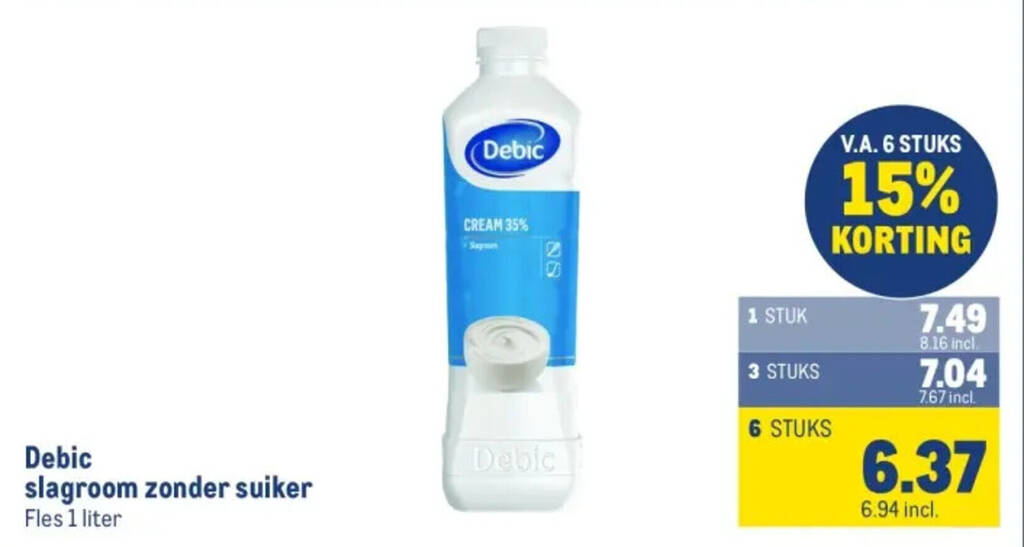 Debic slagroom zonder suiker 1 liter aanbieding bij Makro