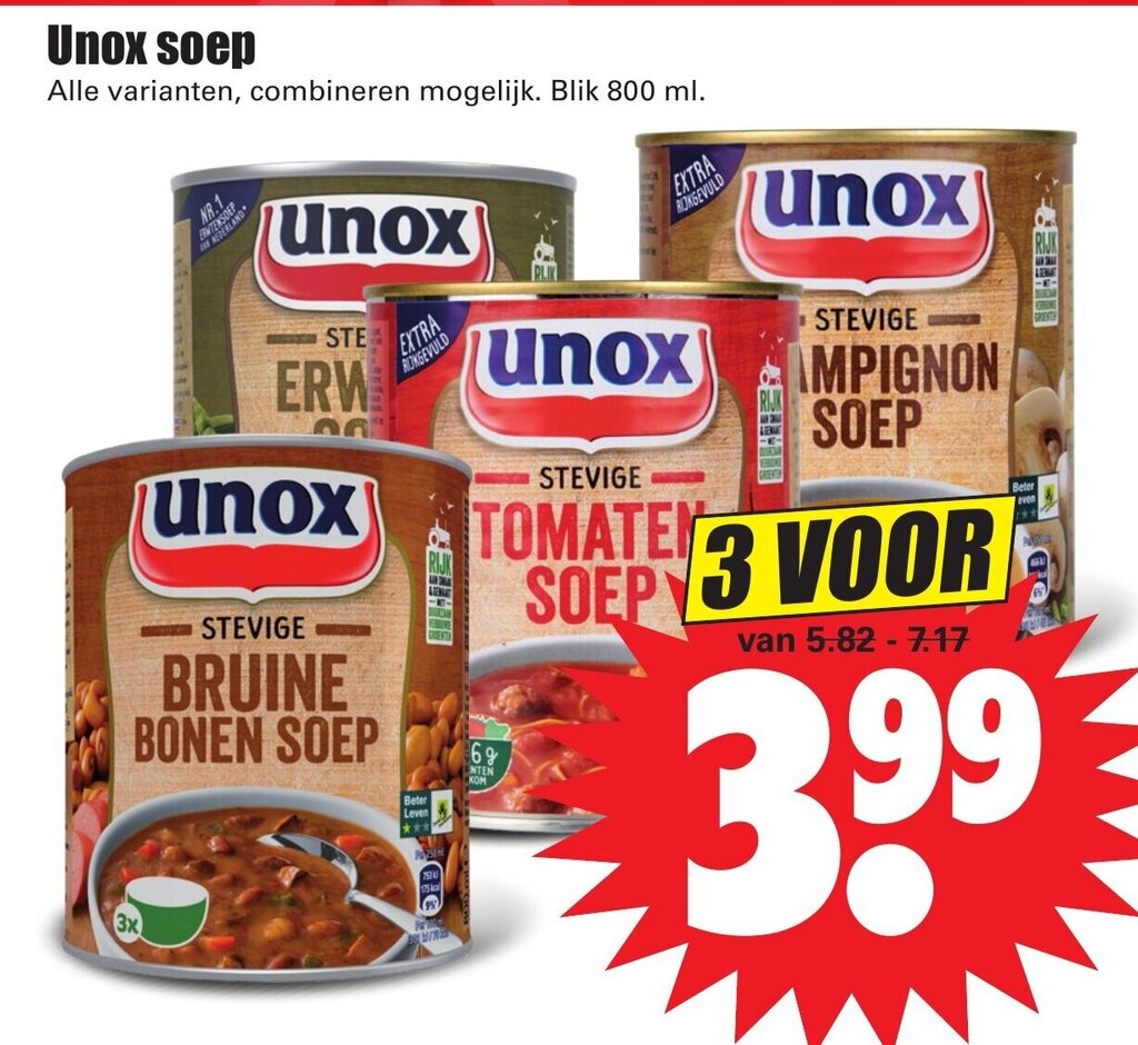 Unox Soep in blik 3*800ml aanbieding bij Dirk