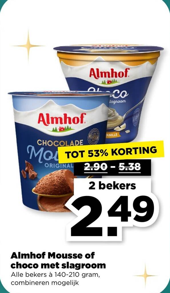 Almhof mousse of choco met slagroom 2 bekers aanbieding bij PLUS