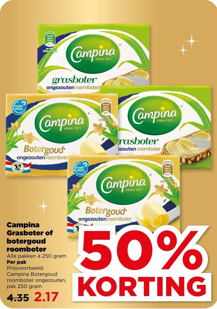 Campina grasboter of botergoud roomboter 250 gram aanbieding bij PLUS