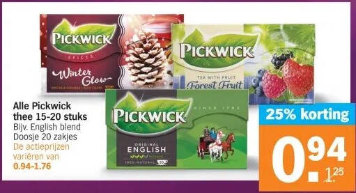 Alle Pickwick thee 15-20 stuks aanbieding bij Albert Heijn