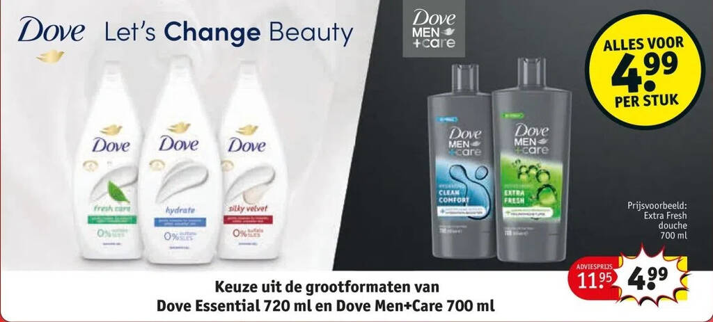 Keuze uit de grootformaten van Dove Essential 720 ml en Dove Men+Care ...