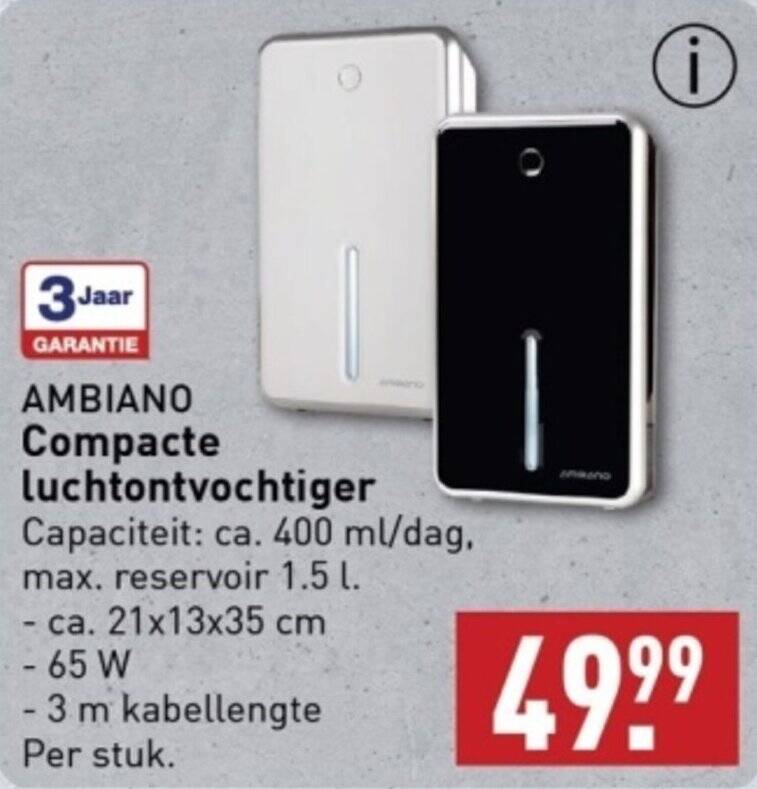 AMBIANO Compacte luchtontvochtiger 21 x 13 x 35 cm aanbieding bij ALDI