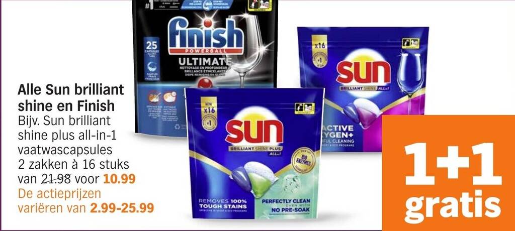 Alle Sun brilliant shine en Finish 1+1 gratis aanbieding bij Albert Heijn