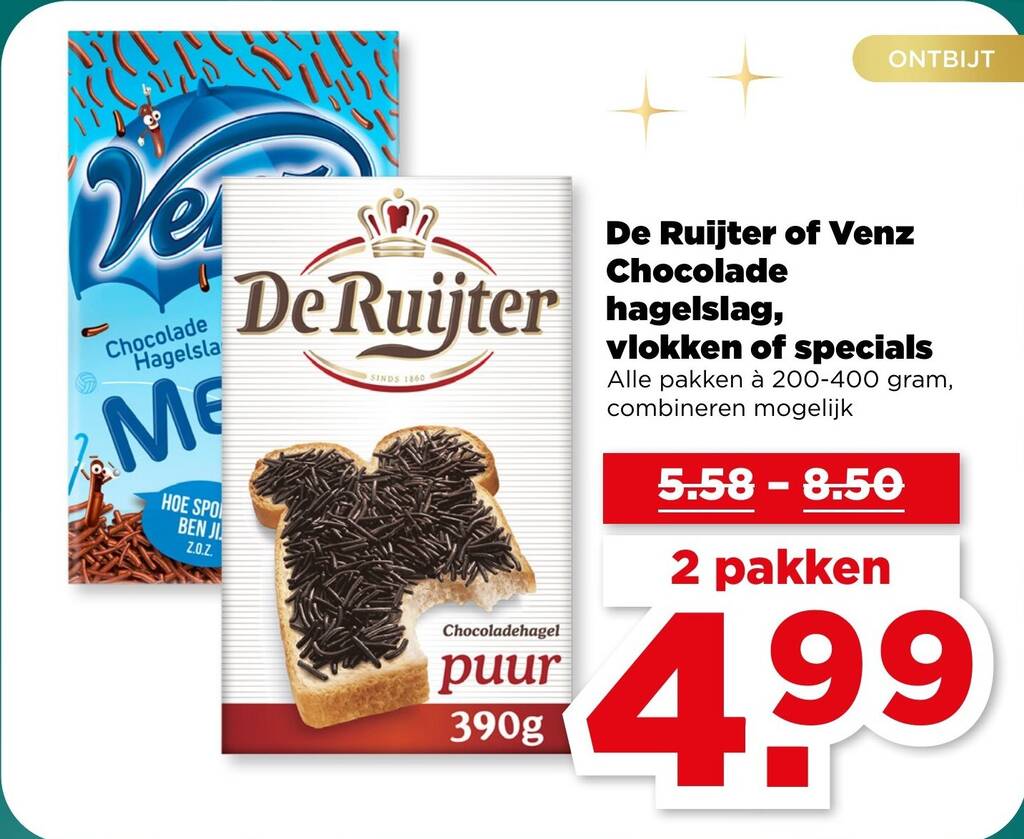 De Ruijter of Venz Chocolade hagelslag, vlokken of specials 200 - 400 g ...