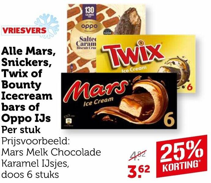 Alle Mars, Snickers, Twix of Bounty Icecream bars of Oppo IJs ...