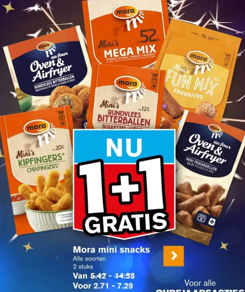 Mora mini snacks 1+1 gratis aanbieding bij Hoogvliet