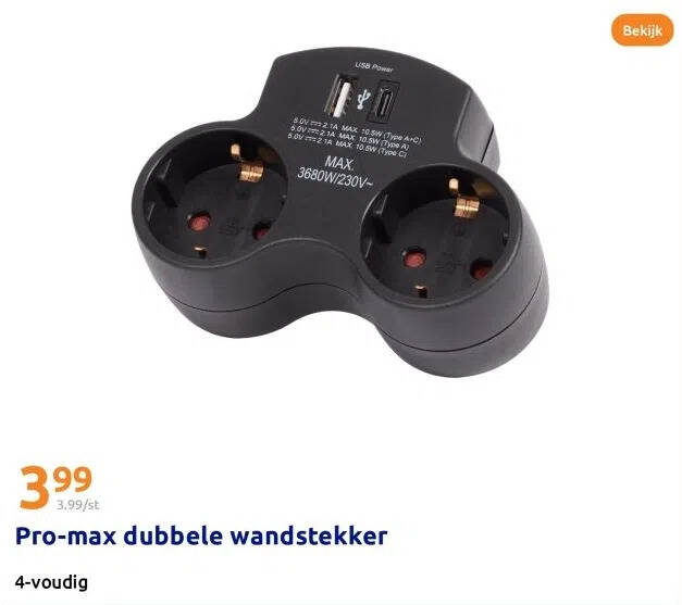 Pro-max dubbele wandstekker aanbieding bij Action